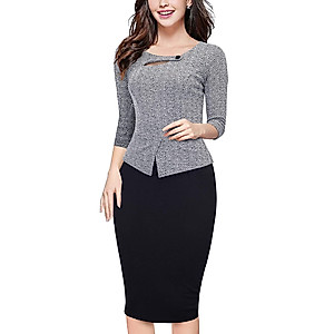HOMEYEE Women's Elegant Chic Bodycon Formal Dress B288(L, Gray Pattern+Black)