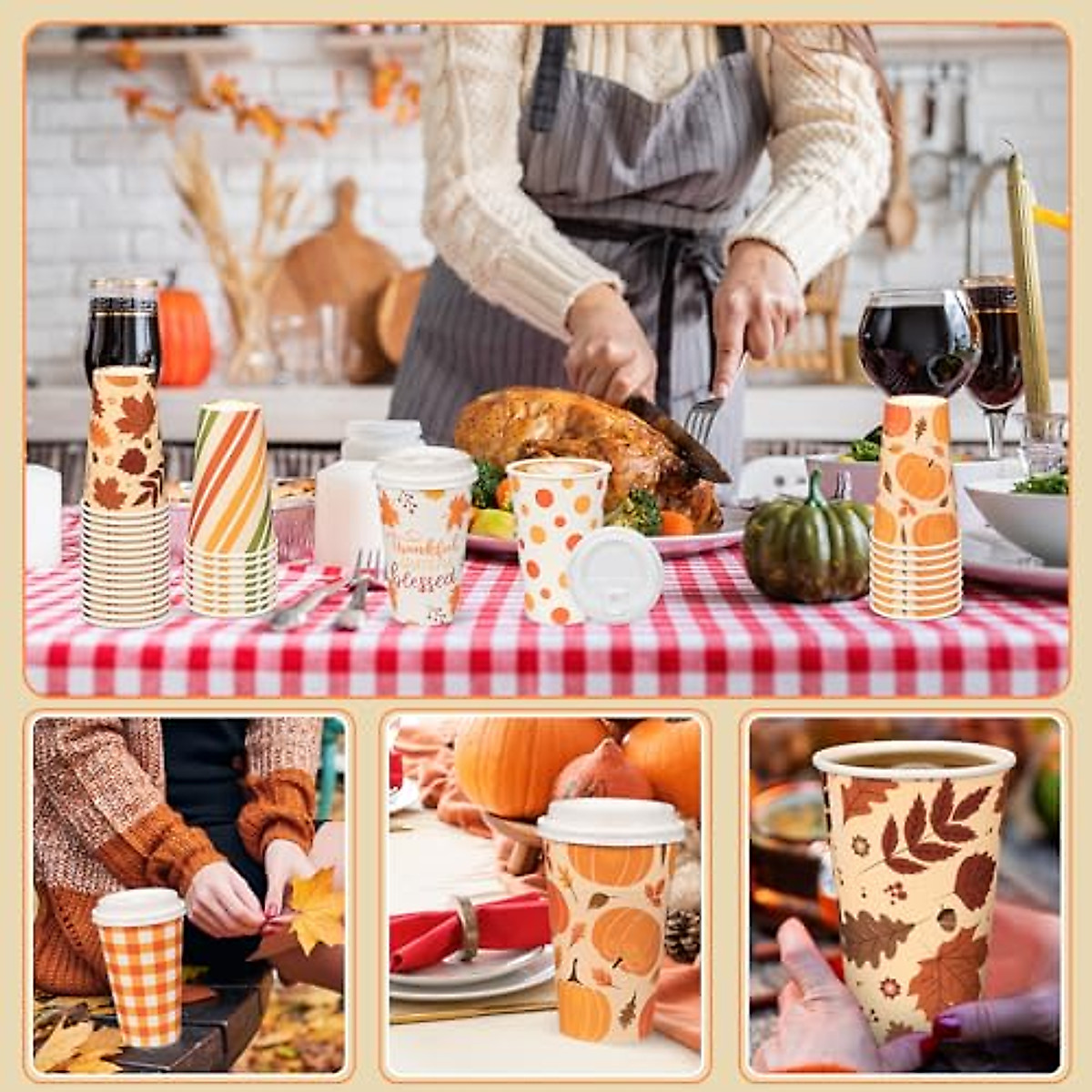 Umigy 120 Pack Fall Paper Coffee Cups 16 oz Thanksgiving Paper Hot Cup Coffee Cups Disposable with Lids and Stirrers Beverage Drinking Cup with 6 Designs for Juice Water Coffee Tea for Home Shops