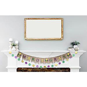 Mardi Gras Garland Burlap Banner - Fleur de Lis Mardi Gras Decorations - Mardi Gras Glitter Circle Dot Garland - Mardi Gras Party Decorations - Ready to Hang Mardi Gras Decor by Jolly Jon