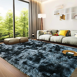 Fluffy Rug for Living Room,Furry Carpet for Teen,Shaggy Rug for Nursery Room, Tie-Dyed Blue Grey Fuzzy Plush Rug for Dorm, Rectangle Shag Rug 6x9 Feet