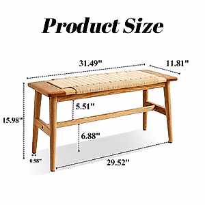 Hymus 32" L 100% FAS Oak Wooden Bench Indoor - Solid Wood Rope Woven Entryway Bench, Dining Bench, Boho Furniture for Entryway, Dining Room, Bedroom, Kitchen (Natural)