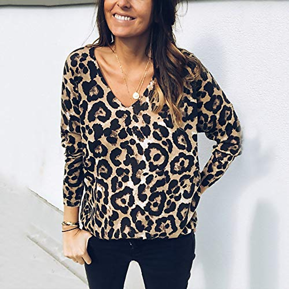 T-shirt for Women THENLIAN Women Plunge V Neck Leopard Print T-shirt Top Long Sleeve Autumn Blouse (Multicolor, L)