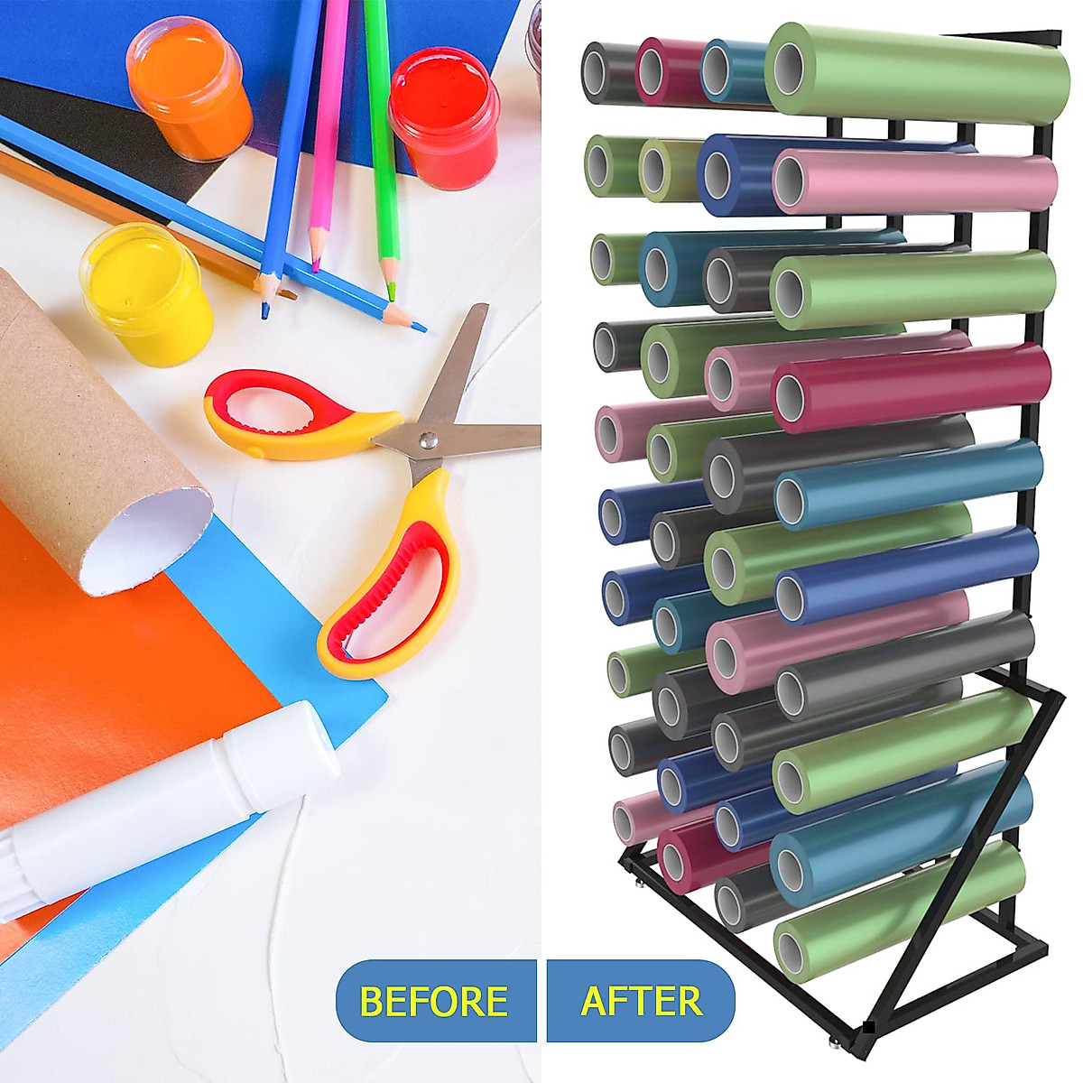 INNOVART Vinyl Roll Floor Storage Rack, Vinyl Roll Holder, Viny Roll Storage Rack for Craft Room, Vinyl Storage Organizer for Cricut, Linen Rolls, Fabric Rolls, Texture Rolls and Vinyl Rolls, 40 Rolls