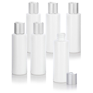 JUVITUS 4 oz / 120 ml White Plastic HDPE Refillable Cylinder Squeeze Bottle with Silver Disc Cap (6 Pack)