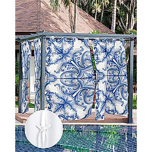 Outdoor Curtains for Patio,Retro Bohemian Tile Pattern Grommet Outside Curtains Windproof Privacy Panels with Tieback,Ethnic Blue Damask Weighted Window Treatment Indoor/Outdoor Drapes 54x84in