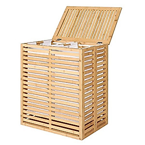 MUPATER Laundry Hamper with Lid, Bamboo Laundry Basket 2 Section with Removable Liner Bags, Foldable Clothes Hamper for Laundry Room, Bedroom and Bathroom