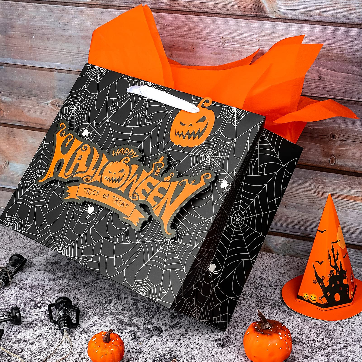 Loveinside Halloween Medium Gift Bags with Tissue Paper and Tag for Holiday, Party - 13" x 5" x 10", 1 Pcs - Black
