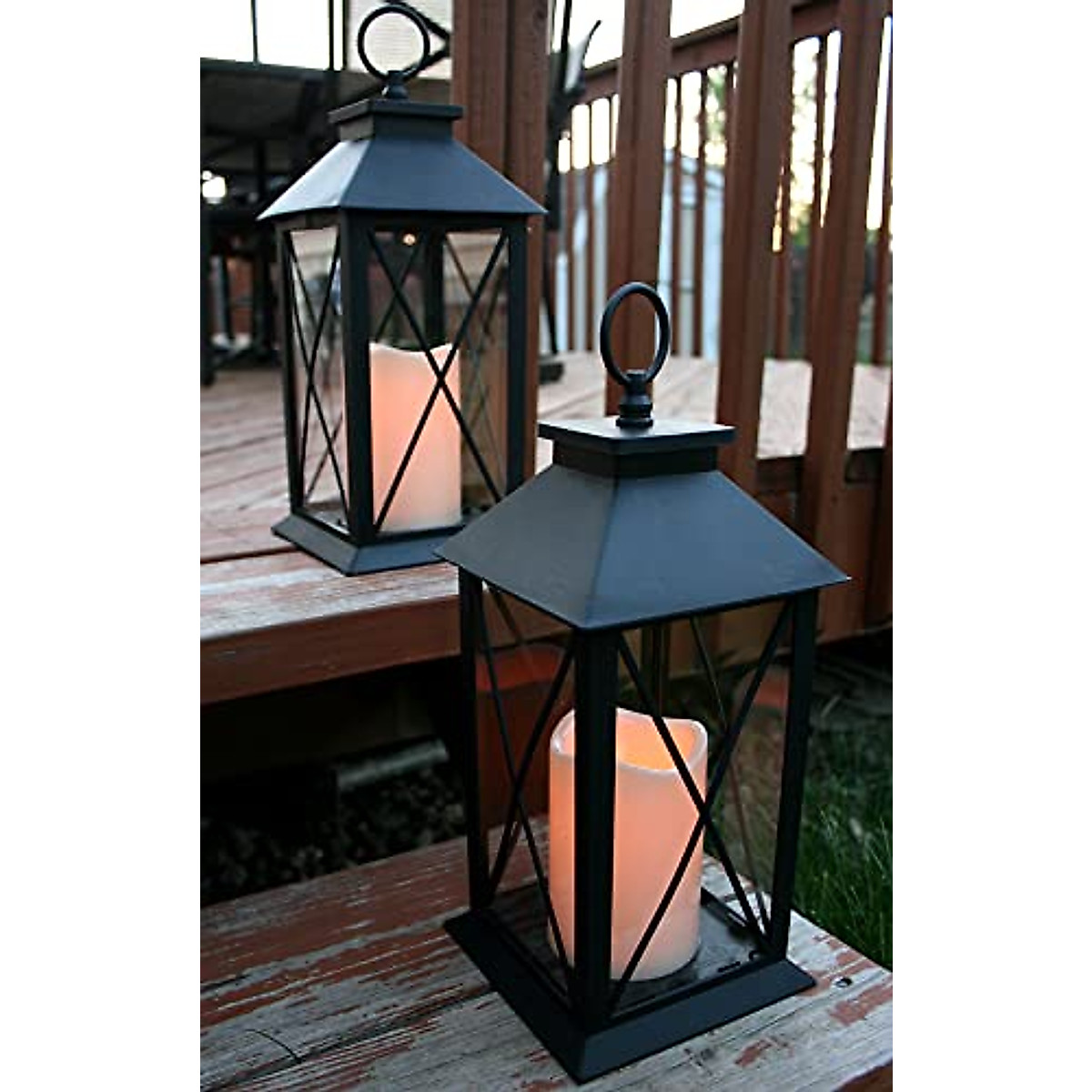 Decorative Black Lantern with Cross bar Design - LED Flickering Flameless Pillar Candle with 5 Hour Timer Included - Indoor/Outdoor Lantern - 13" - Pack of 6