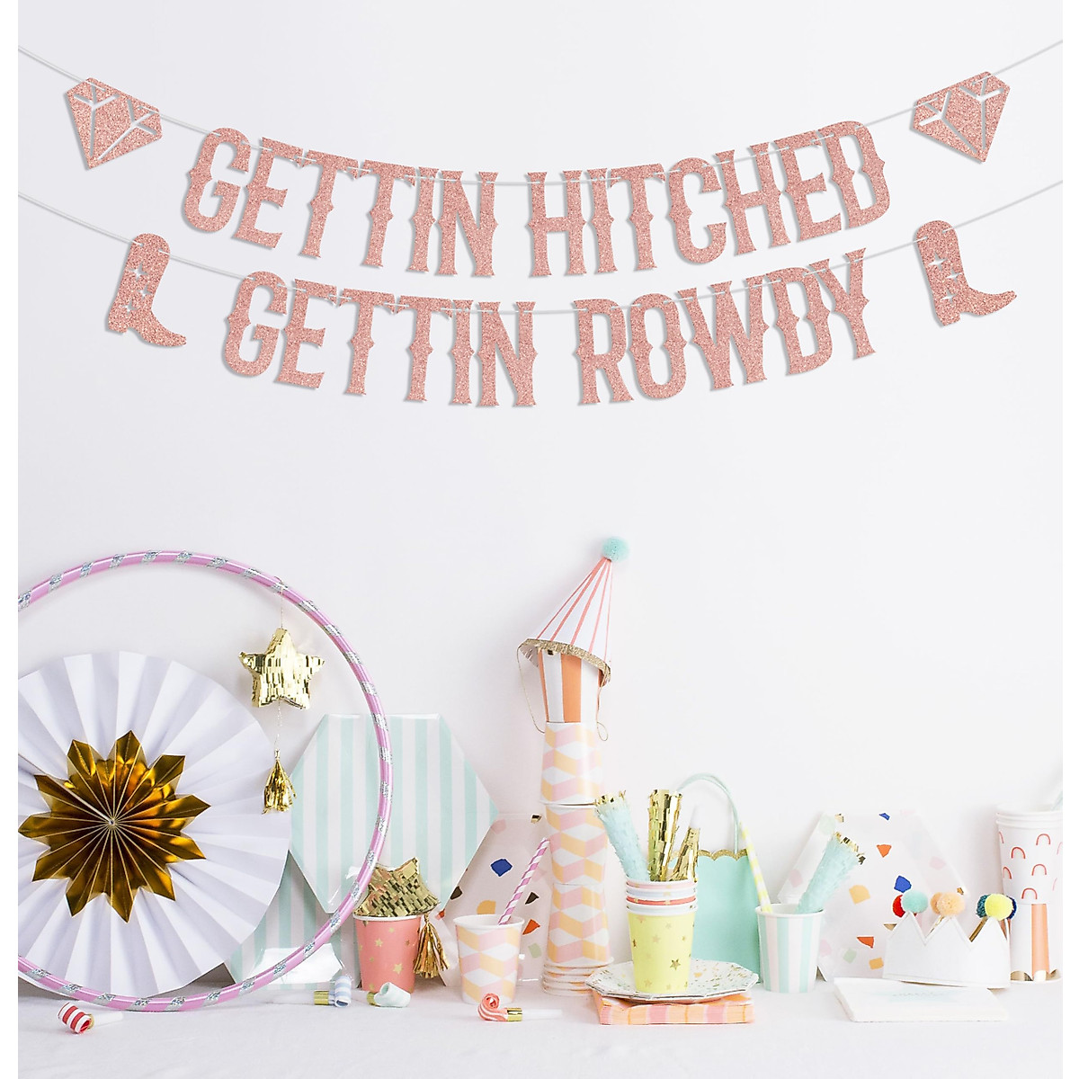 KEWUFD Gettin Hitched Gettin Rowdy Banner, Engagement/Bachelorette/Bridal Shower Party Decorations For Wedding Party Decoration Supplies Rose Gold Glitter