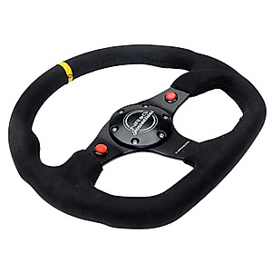 NRG Innovations NRG-RST-024D-MB-SA-Y Reinforced Steering Wheel 320mm Sport Alcantara Dual Push Buttons Flat Bottom with Yellow Center Mark