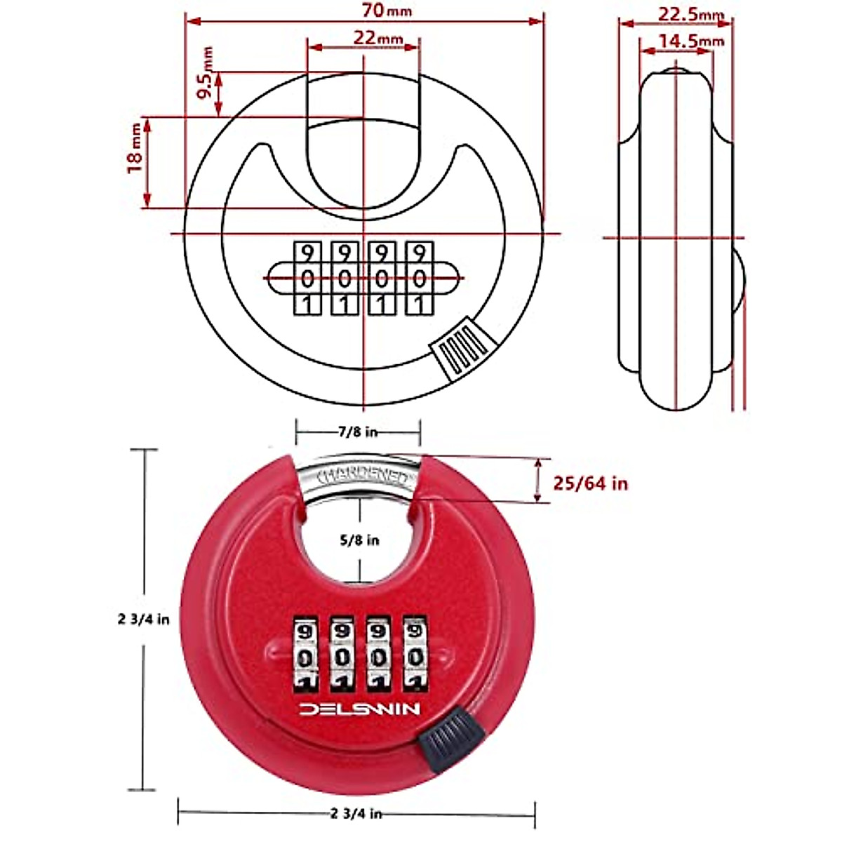 DELSWIN Outdoor Combination Padlock - 4 Digit Heavy Duty Disc Lock with Hardened Shackle,Combo Padlock for Gate,Storage Unit,Fence(25/64" Shackle, Red,2Pcs)