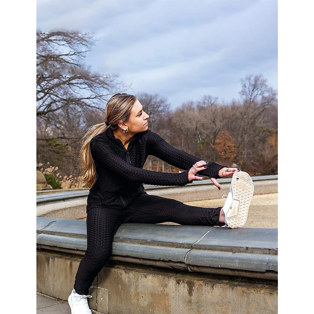 KANSOON Jogging Suits for Women, Textured 2 Piece Outfit Long Sleeve Full Zip Jacket Skinny Pants Tracksuit Set Black L