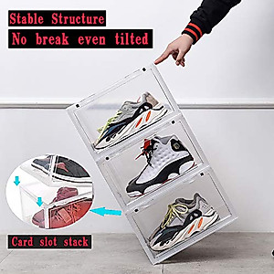 K.T.Z Magnetic Side Open Transparent Plastic Storage Shoe Box Stackable Foldable Storage Shoe Box Sneaker Storage Box Clear Plastic Shoe Boxes Size:14.2X11X8.7 Inch (D Style Black, 12 PCS)