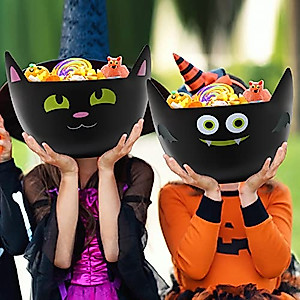 Zcaukya Halloween Party Supplies, Set of 3 Halloween Plastic Trick Treat Candy Bowls, Large Halloween Candy Holders, Cat Shaped Plastic Serving Bowl in Orange Purple Black for Halloween Parties