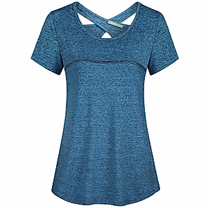 Kimmery Sport Shirts for Women Jersey Sexy Open Back Yoga Tops Loose Fit Sweet Wicking Scoop Neck Short Sleeve Work Out Tunics Home Camping Athleisure Wear Blue Medium