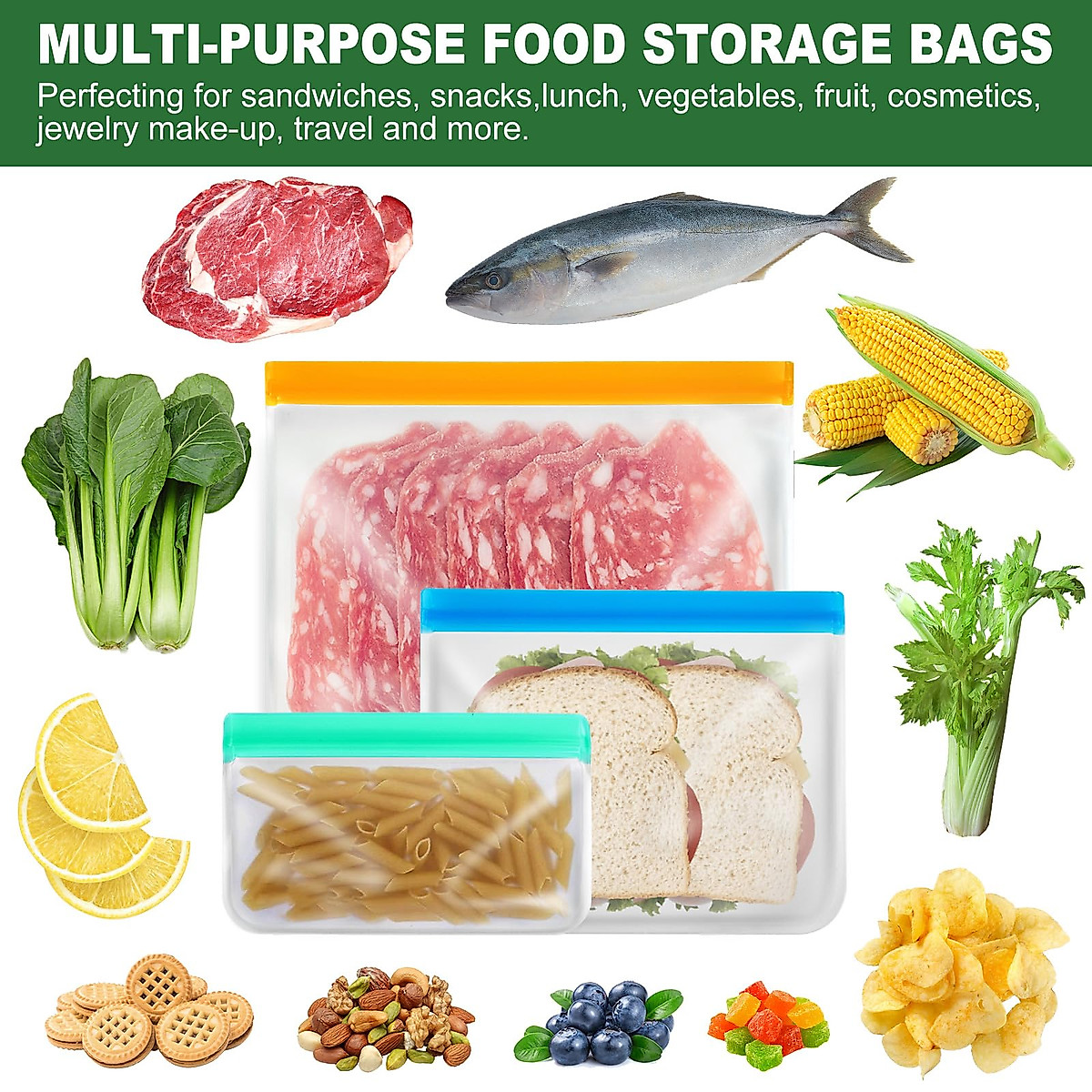 14 Pack Reusable Ziplock Bags Silicone Bags, 2 Large Food Storage Bags 2 Gallon Freezer Bags 4 Sandwich Bags Zip Lock 6 Snack Bags for Kids, Lunch Home Kitchen Fridge Organization Meal Prep Containers