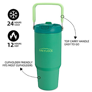 Greylock 30 oz Tumbler with Handle, Vacuum Insulated Tumblers with Flip Straw and Top Handle, Reusable Tumbler with Lid and Straw for Home, Office or Car, Leak-Proof Travel Mug, Keep Cold for 24 Hrs