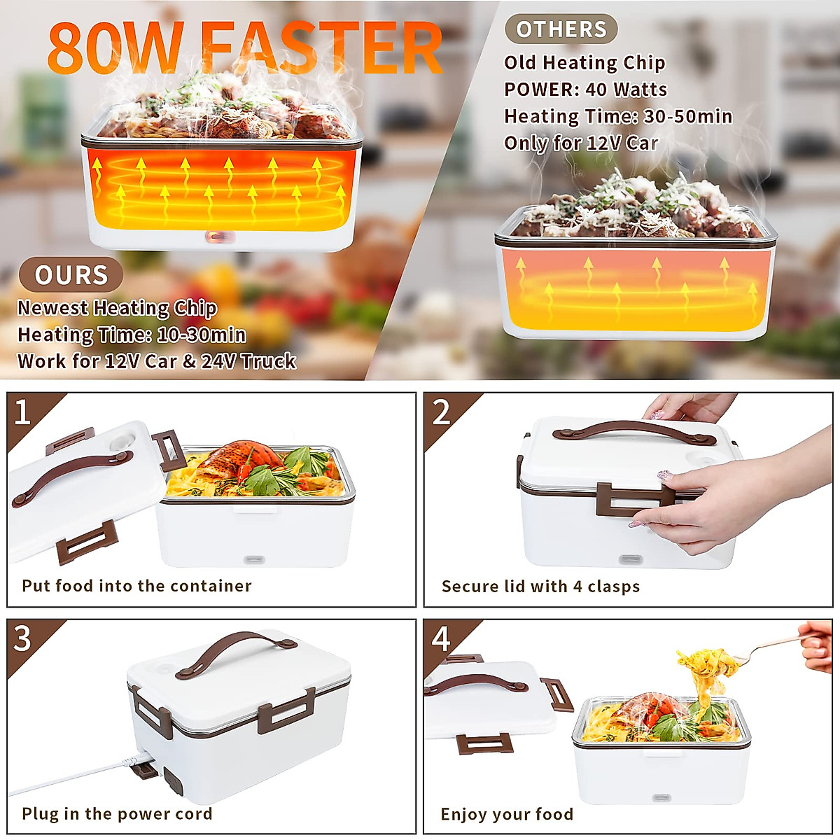 80W Electric Lunch Box Fast Food Warmer Heater, 1.8L Portable 3 in 1 Portable Microwave 12V 24V 110V for Car Truck & Home Hot Meals Boxes Heater, 304 Stainless Steel container with Thermal Bag