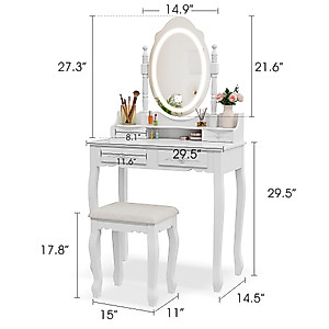 Vanity Desk with Mirror and Lights, Modern Vanity Makeup Table and Cushioned Stool Set with 4 Drawers, 3 Color Lighting Modes with Adjustable Brightness, Dressing Table Set for Bedroom (White)