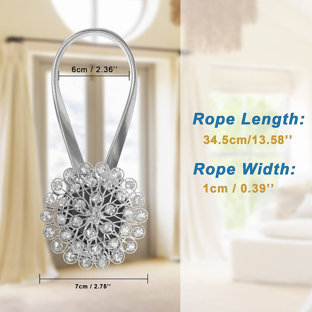 MYDAYTIN Silver Crystal Decor Curtain Tiebacks Magnetic Curtain Tieback, Crystal Flower Curtain Tiebacks with High Stretchy Wire Rope, Flower Curtain Buckle for Home, Office, Window Decoration