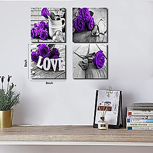 Purple Pictures Wall Decor Flowers Canvas Wall Art for Couples Bedroom Romantic Rose Bathroom Painting Black and White Grey Love Themed Floral Poster Living Room Modern Home Decorations 12x12" 4 Pcs