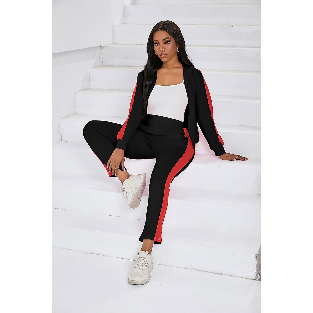 PINSV Womens Tracksuit Two Piece Outfits Long Sleeve Zip Up Jacket Jogger Casual Sweatsuit Matching Sets Track Suits Black Red XL