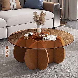 Modern Round Coffee Table with Solid Wood Legs, 31.5'' Glass Coffee Tables for Living Room Rustic Circle Center Cocktail Table with Tempered Glass-Top, Unique Accent Table for Small Spaces