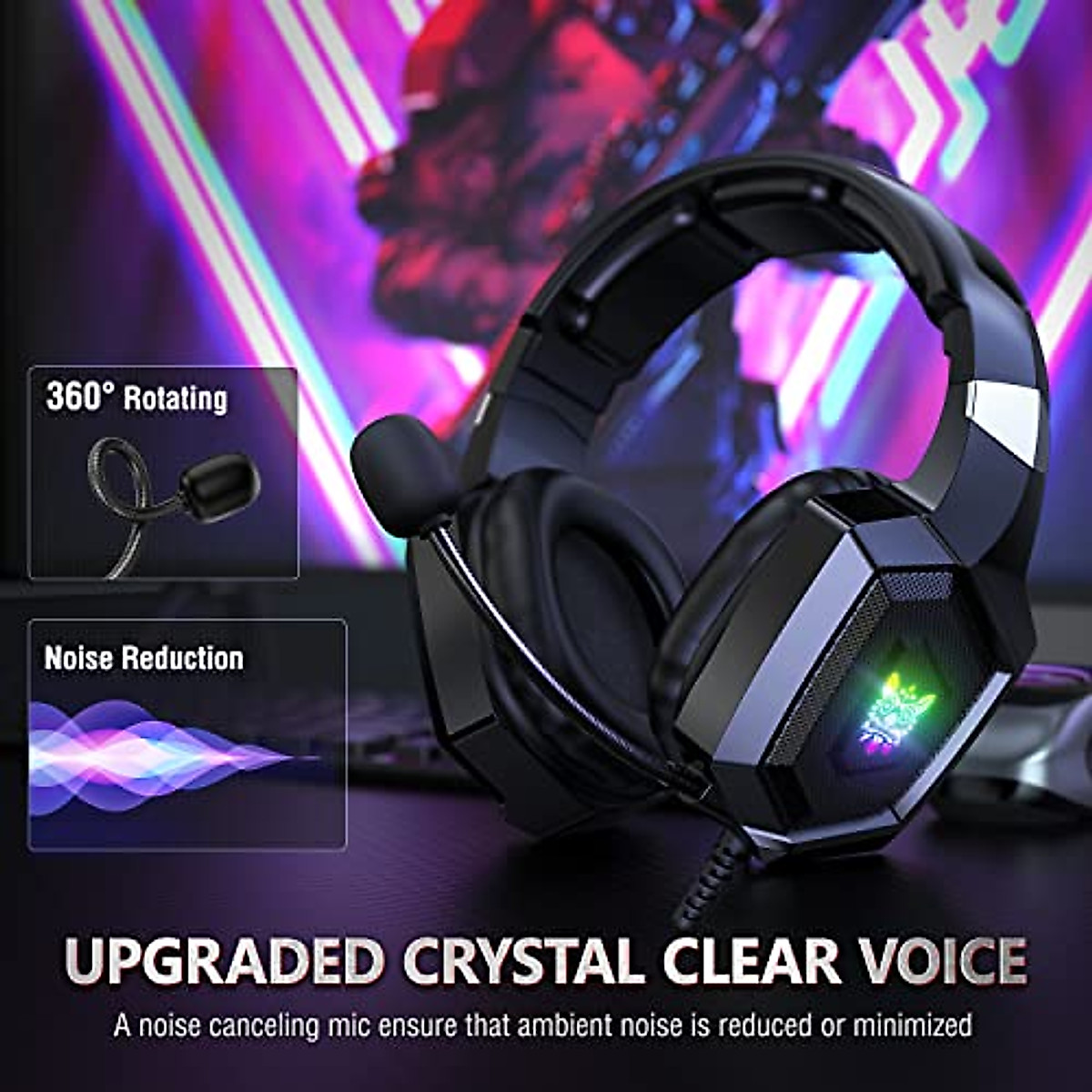 Gaming Headset with Microphone, Gaming Headphones for PS4 PS5 Xbox One PC with RGB Lights, Playstation Headset with Noise Reduction 7.1 Surround Sound Over-Ear and Wired 3.5mm Jack (Black)