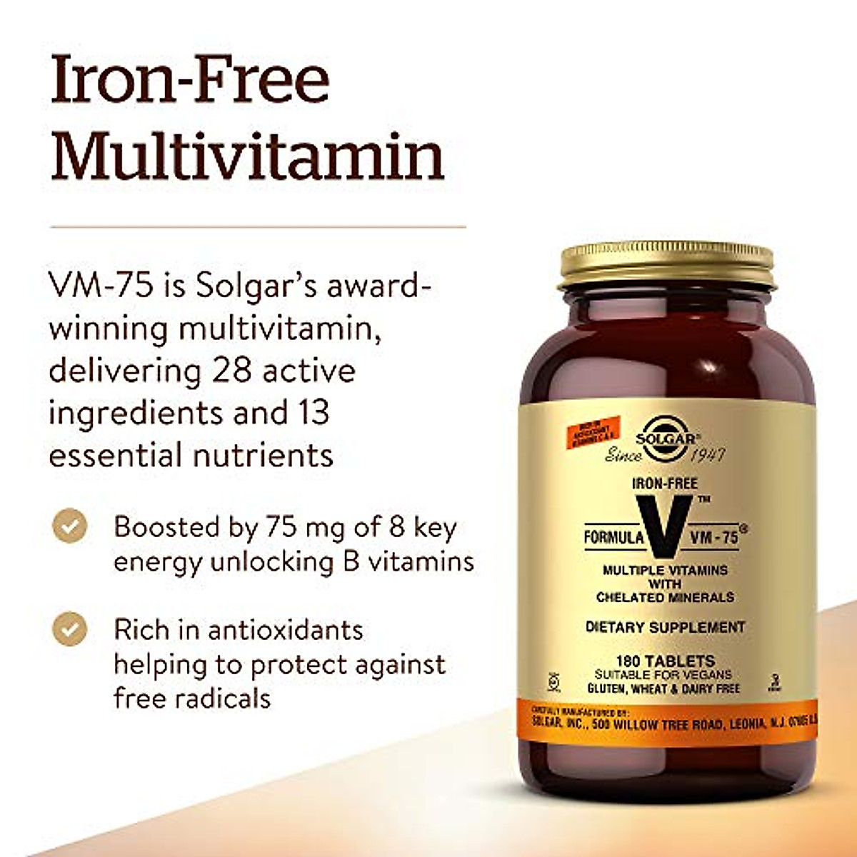 Solgar Iron-Free Formula VM-75,Multivitamin with Chelated Minerals - Vitamin A, B6, B12, C, D, EBiotin, Magnesium, Calcium, Zinc - Vegan, Gluten & Dairy Free, Kosher - 180 Count(Pack of 1)