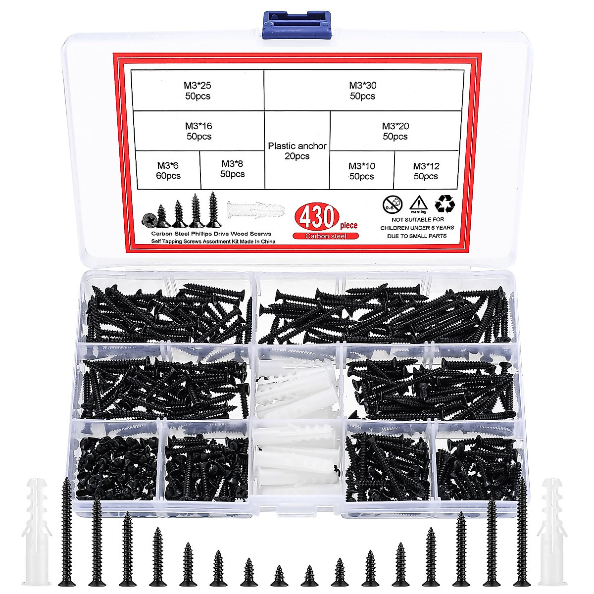 430 Pcs M3 Wood Screws Assortment Kit, Black Flat Head Self-Tapping Screws, Cross Drive Head Countersunk Head Screws Fasteners, Assorted Chipboard Cabinet Screws with 20 Plastic Wall Screw Anchors