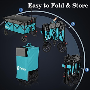 Sekey 220L Collapsible Foldable Wagon with 330lbs Weight Capacity, Heavy Duty Folding Wagon Cart with Big All-Terrain Wheels & Drink Holders (Turquoise)