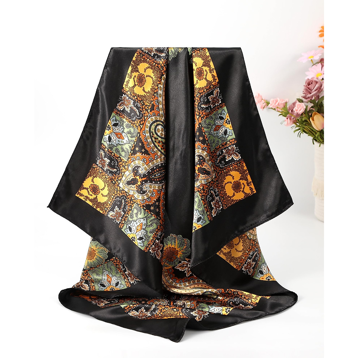 AWAYTR 35" Large Silk Hair Scarf for Women - 4Pcs Satin Head Scarf Square Hair Bandanas Floral Wild Rag Sleeping Head Wraps (Cashew(Black/Olive Green/Red/Pink))