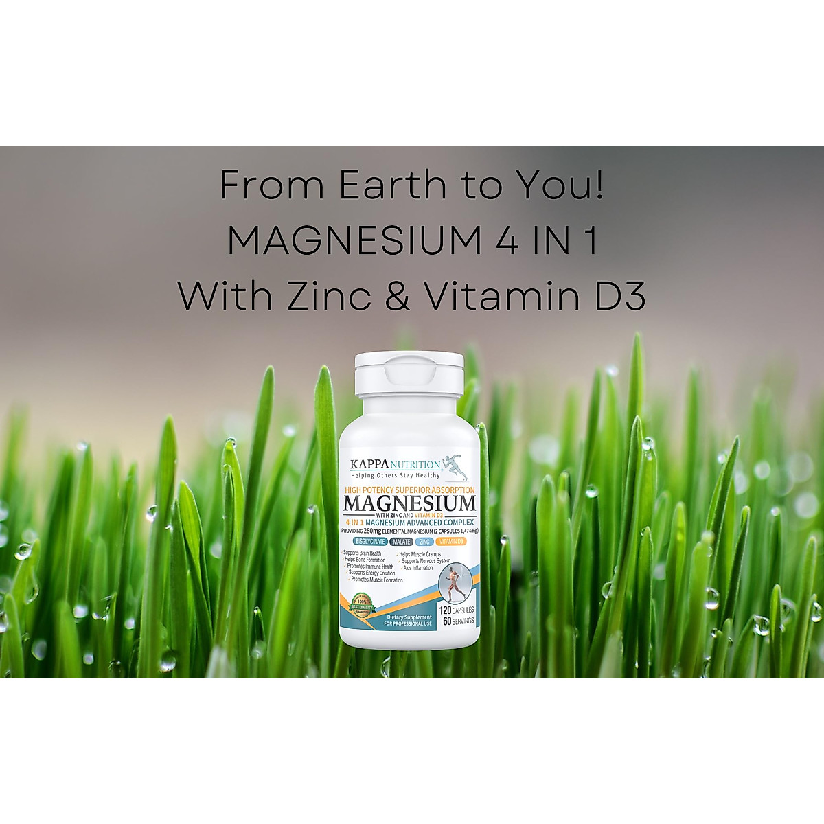 (120 Capsules), Glycinate, Bisglycinate, Malate, Zinc, Vitamin D3 for Brain, Sleep, Cramps, Headaches, Energy, Bones, Immune, Providing 280mg Elemental Magnesium, from KAPPA NUTRITION
