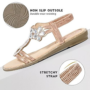 ZriEy Women's Open Toe Flat Sandals Beach Sandals Beaded Flower Rhinestone Flat Sandals Low Heels Dress Wedding Party Driving Shopping Travel Shoes Rose Gold Size 10
