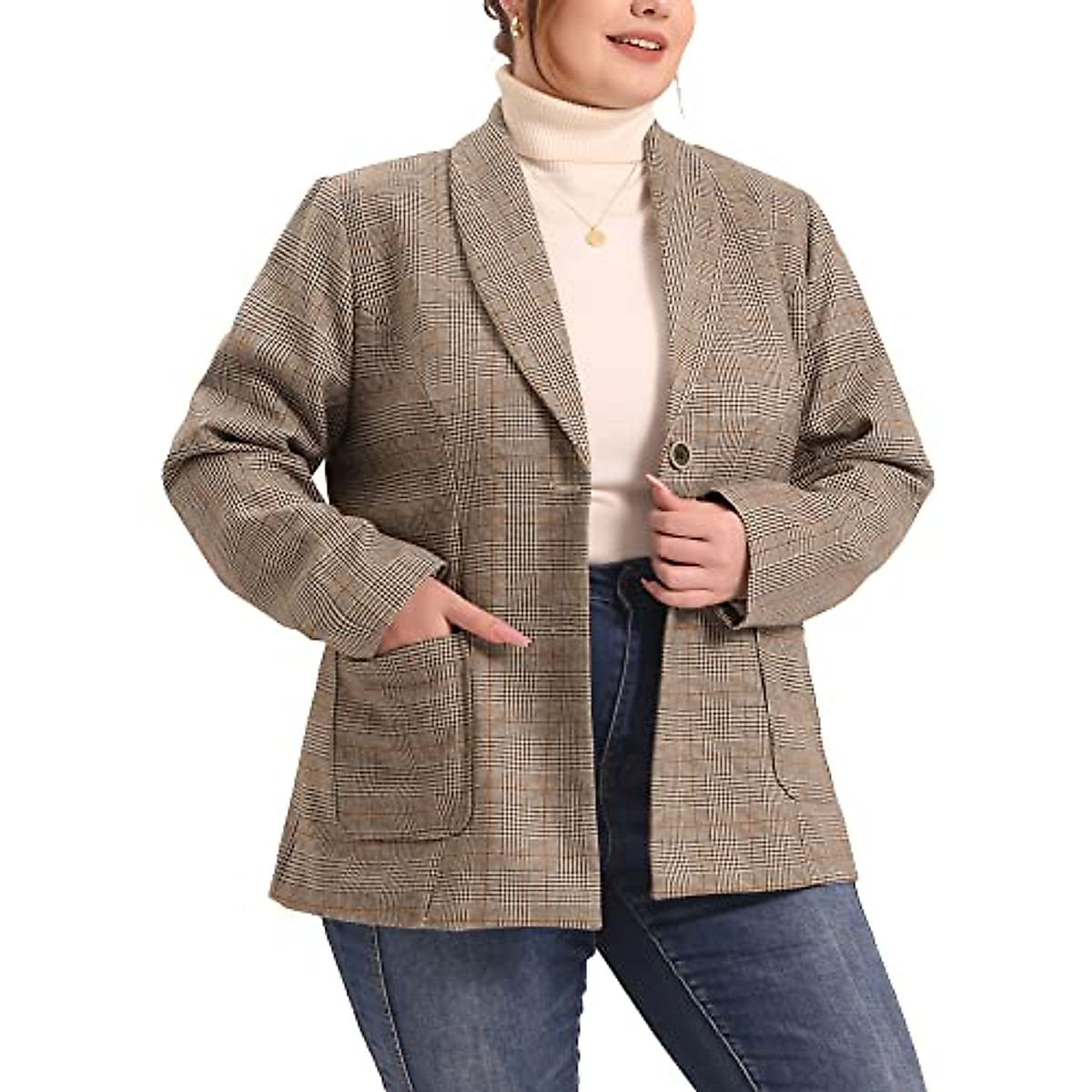 Agnes Orinda Plus Size Plaid Blazer for Women Lapel Jacket Work Office Single Breasted Blazers 2X Brown