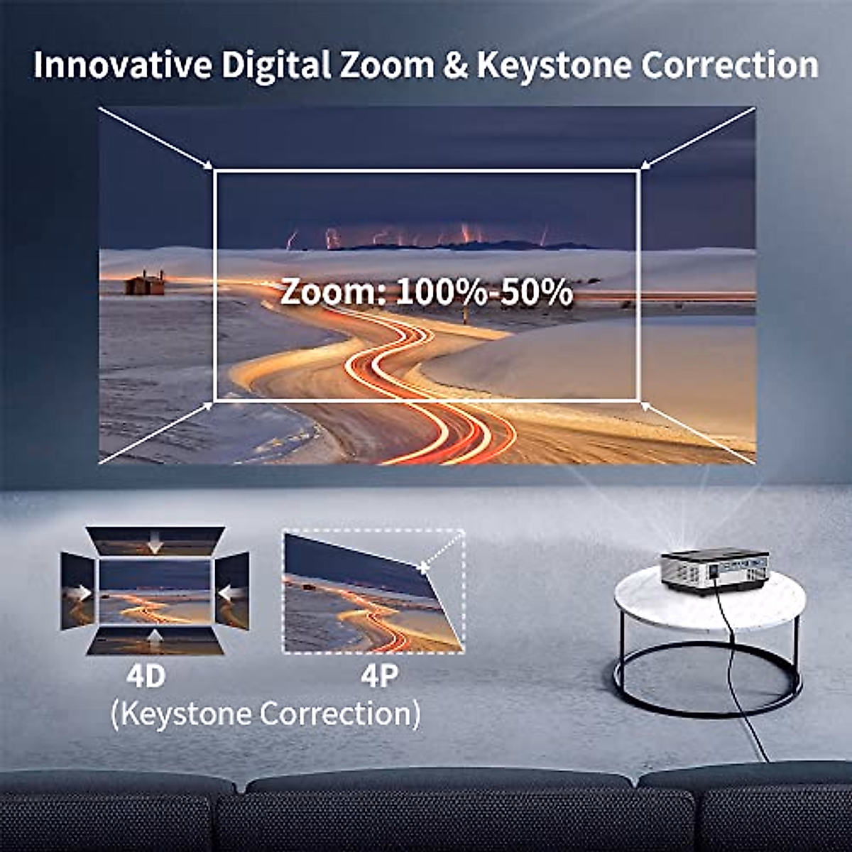 Portable Outdoor Movie Projector Full HD 1080P Supported, Mini WiFi Projector with Bluetooth, Wireless Home Theater Projector with Airplay Mirroring/Smart Android OS/HDMI/USB for Phone Laptop TV Stick