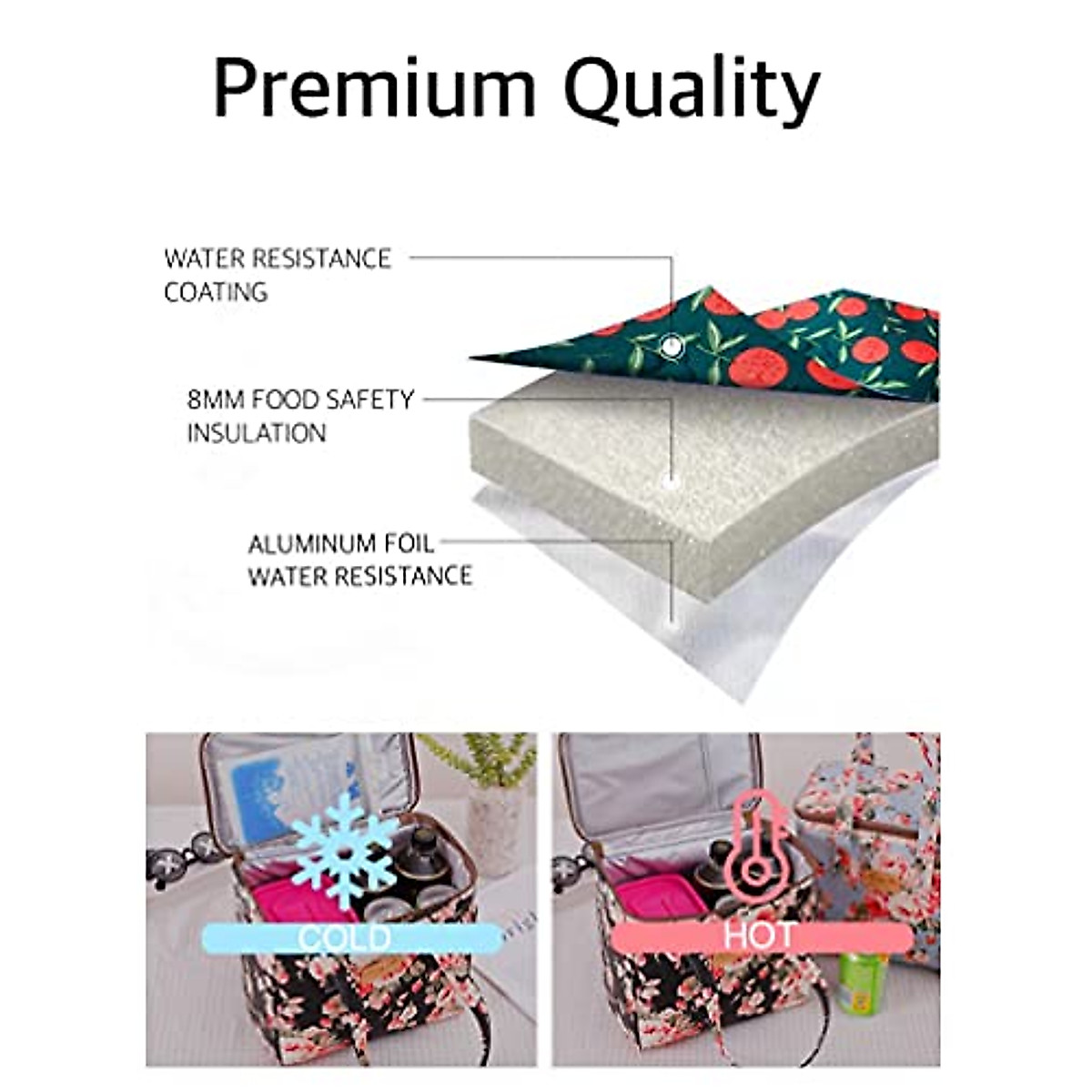 Kwang Min Floral Insulated Lunch Bag for Women,Reusable Lunch Box,Large Cooler for School,Office,Picnic Outdoors,Premium Waterproof Fabric,Ideal Gift for Girls/Adults (Peony Blue)