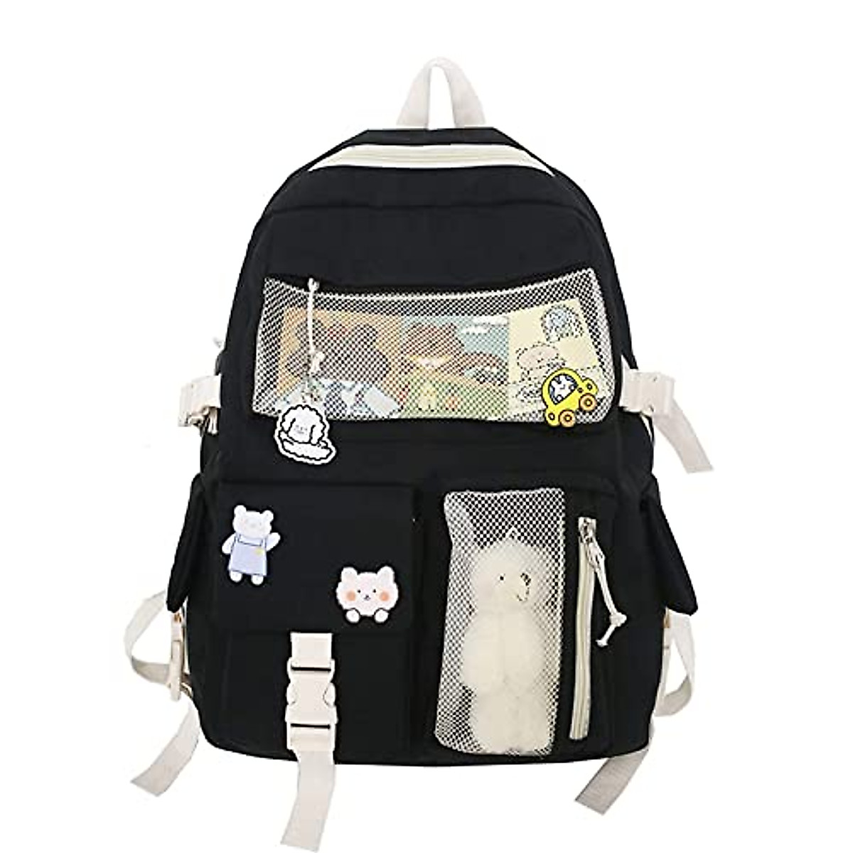 Eagerrich Kawaii Backpack with Cute Pin Accessories Plush Pendant for School Bag Student Girl Backpack Super-Capacity Waterproof Travel Backpack(Black)