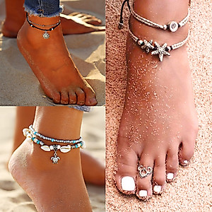 Finrezio 8PCS Anklets for Women Adjustable Boho Turtle Starfish Beac Ankle Bracelets Foot Jewelry Set Handmade