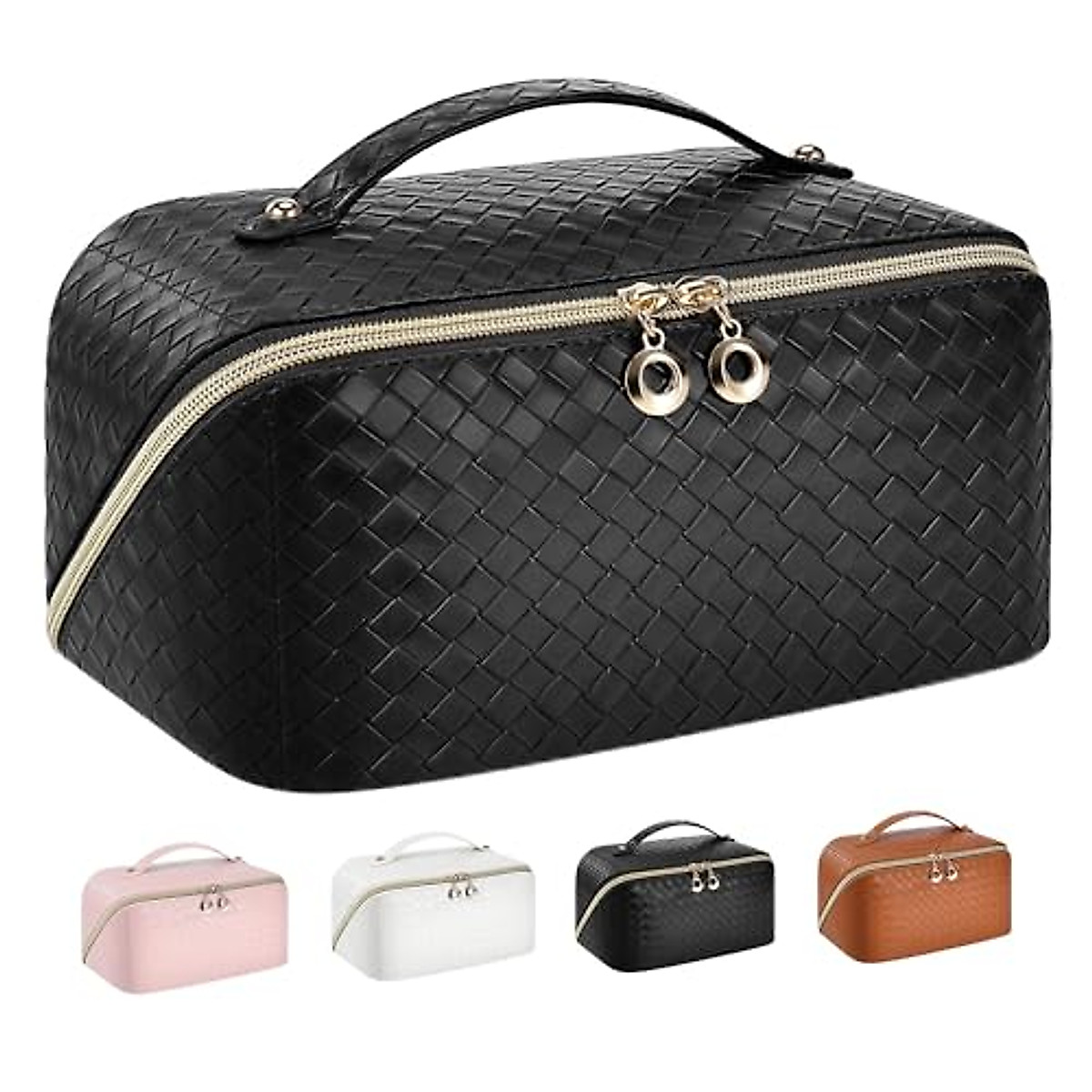 Travel Makeup Bag,Large Capacity Travel Cosmetic Bag for Women ,PU Leather Waterproof Travel Toiletry Bag with 2 PVC Brush Organizer,Portable Pouch Lay Flat Make Up Organizer Bag with Handle Divider