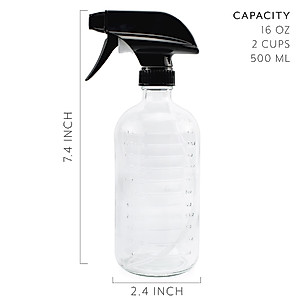 Cornucopia 16-Ounce Clear Glass Spray Bottles with Measurements (2-Pack); Sprayer Bottle with 3-Setting Heavy Duty Sprayers for Mist, Stream, OFF