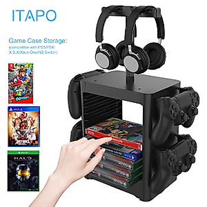 Multifunctional 10 Games Disk Storage Rack for PS5 Controller/Headset Stand Holder for Xbox Series X/Nintendo Switch/Play Station Game Accessories Organizer Black