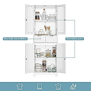 HORSTORS Tall Storage Cabinet, Freestanding Kitchen Pantry Cabinet with Glass Doors and Shelves, Large Modern Cupboard with 2 Drawers for Home Office, White, 23.6" L x 11.8" D x 66.9" H