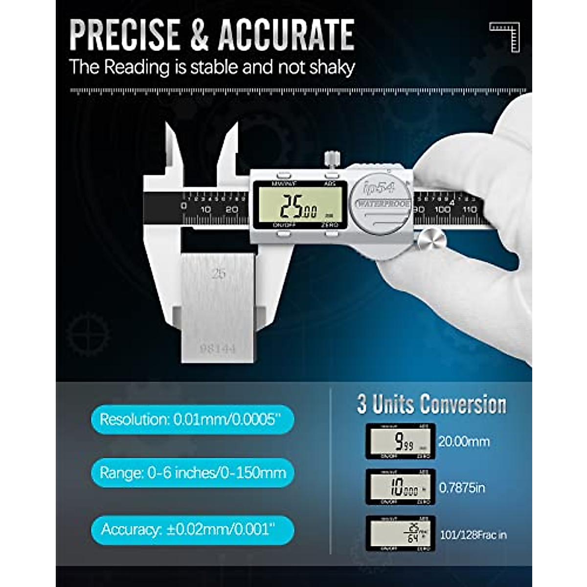 Housolution Digital Caliper, (ABS) Absolute Scale Caliper 6", IP54 Electronic Measuring Tool, Inch/MM/Fraction, Auto-Off LCD Stainless Steel Waterproof Micrometer Vernier Caliper, with Feeler Gauges