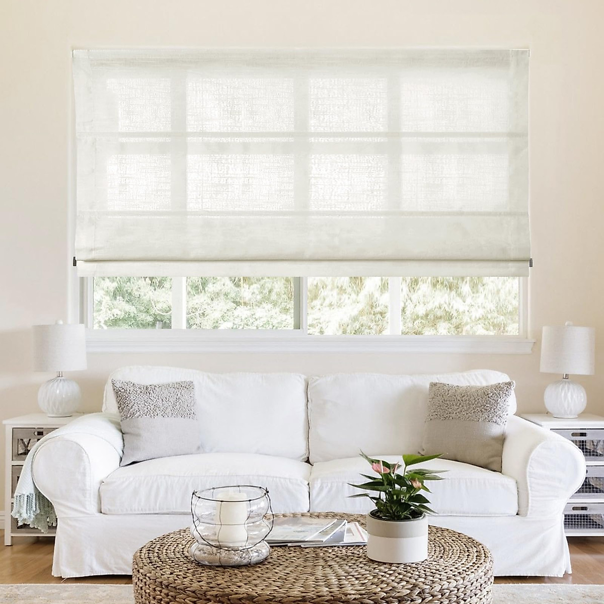 ChadMade Cordless Linen Textured Room Darkening Roman Shade Solid Fabric Window Treatment, Install Hardware Included, Custom Made Blackout Roman Blind for Bedroom, 1 Panel, Beige White