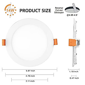 obstime 6 Pack 14W 4 Inch Ultra-Thin LED Recessed Lights Slim with Junction Box,2700K/3000K/4000K/5000K/6000K Selectable,High Brightness Eqv 150W, Dimmable Canless LED Recessed Light-IC Rated&ETL