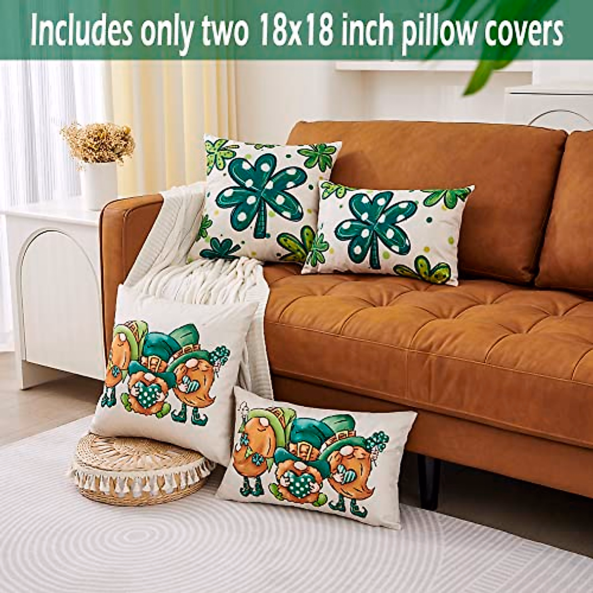 CARRIE HOME St Patricks Day Gnome Throw Pillow Covers 18x18 Set of 2 Green Lucky Shamrock Pillow Covers Saint Patricks Day Gnome Decor for Home Couch and Sofa