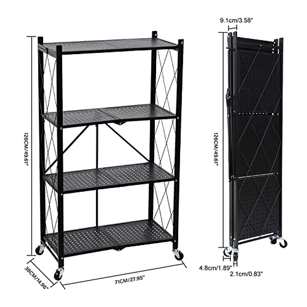 HealSmart 4-Tier Heavy Duty Foldable Metal Rack Storage Shelving Unit with Wheels Moving Easily Organizer Shelves Great for Garage Kitchen Holds up to 1000 lbs Capacity, Black