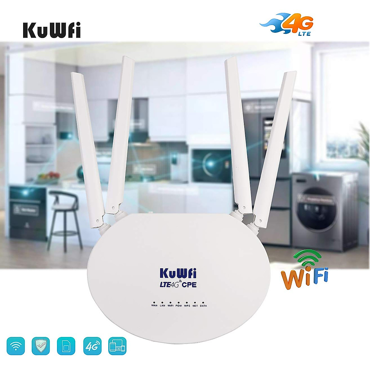 KuWFi 4G LTE Router with SIM Card Slot, 300Mbps Unlocked Wireless WiFi Internet Routers with 4pcs Non-Detachable Antennas for USA/CA/MX[Not for Verizon]