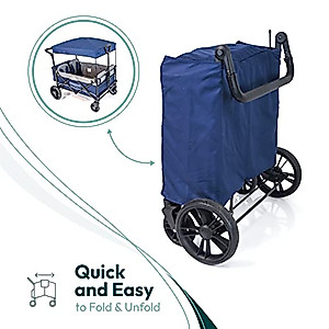 WONDERFOLD X4 Navy Multi-Function 4 Passenger Quad Push and Pull Folding Stroller Wagon, Adjustable & Removable Canopy, Double Seats with 5-Point Harness, Navy